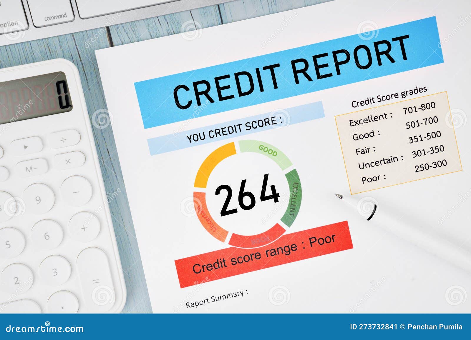 The Credit Score Report Document and Pen with Calculator on the Desk ...