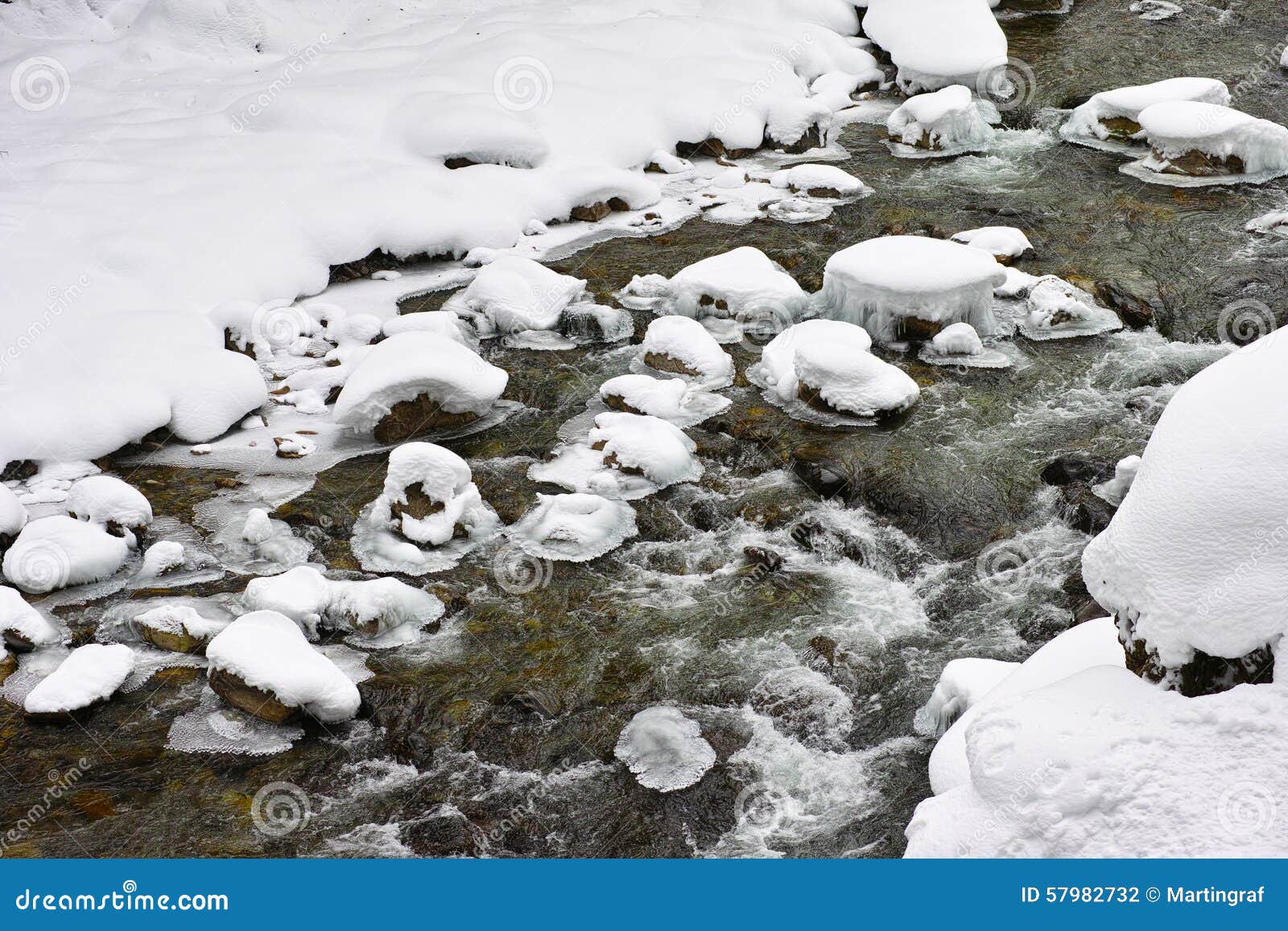 Icy Cold Water Stream Over Stony Ground Snow Landscape Stock Photo ...