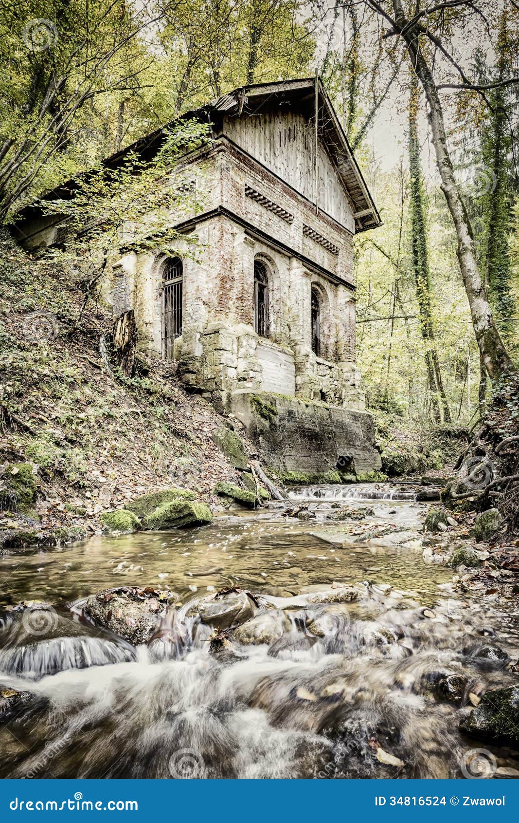 Creek in Forest with Old House Stock Photo - Image of landscape, forest ...