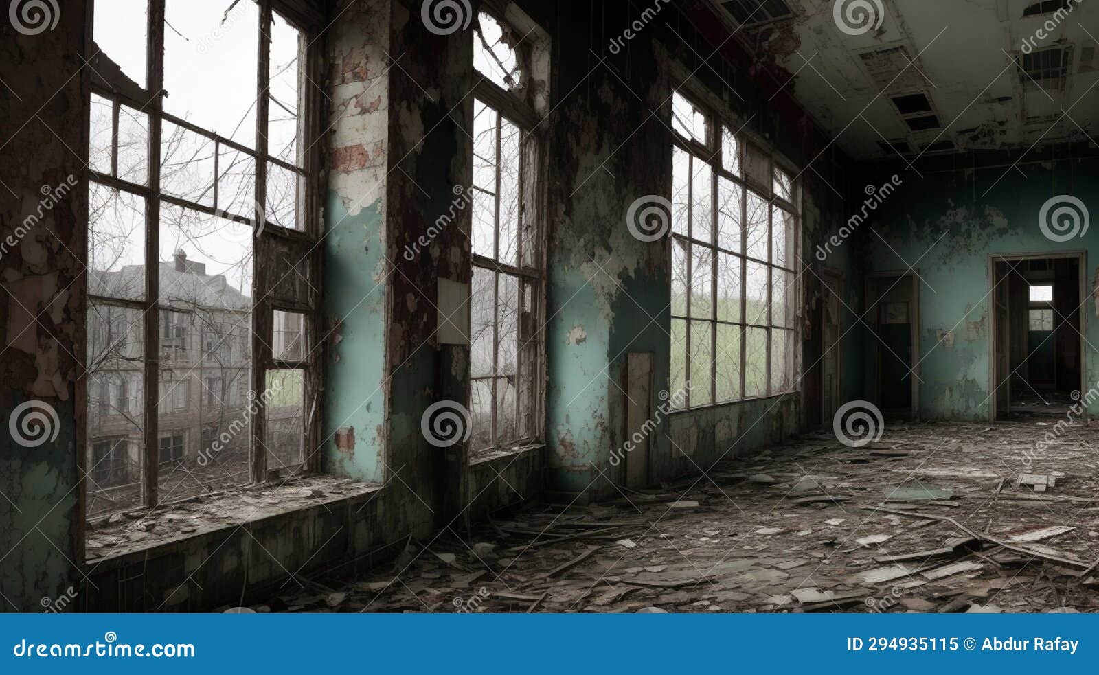 A Creepy Abandoned Asylum with Broken Windows Stock Illustration ...