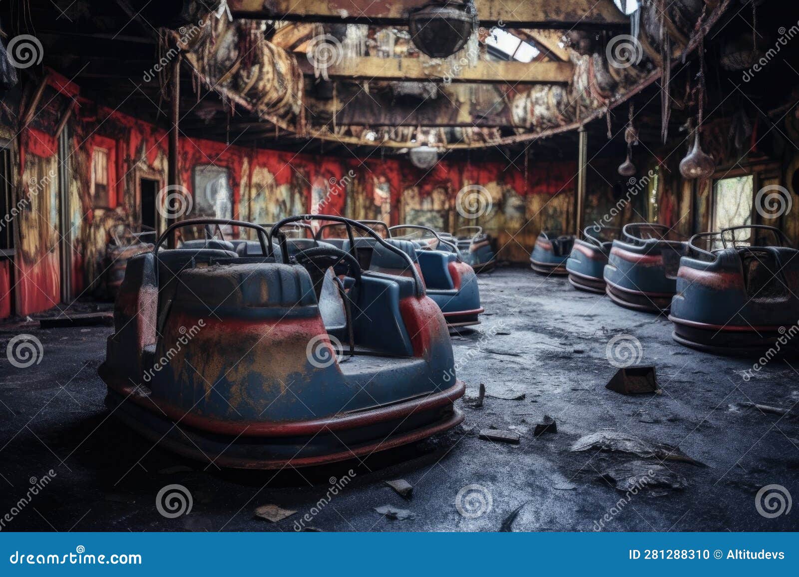 Creepy Abandoned Bumper Car Area Stock Illustration - Illustration of ...