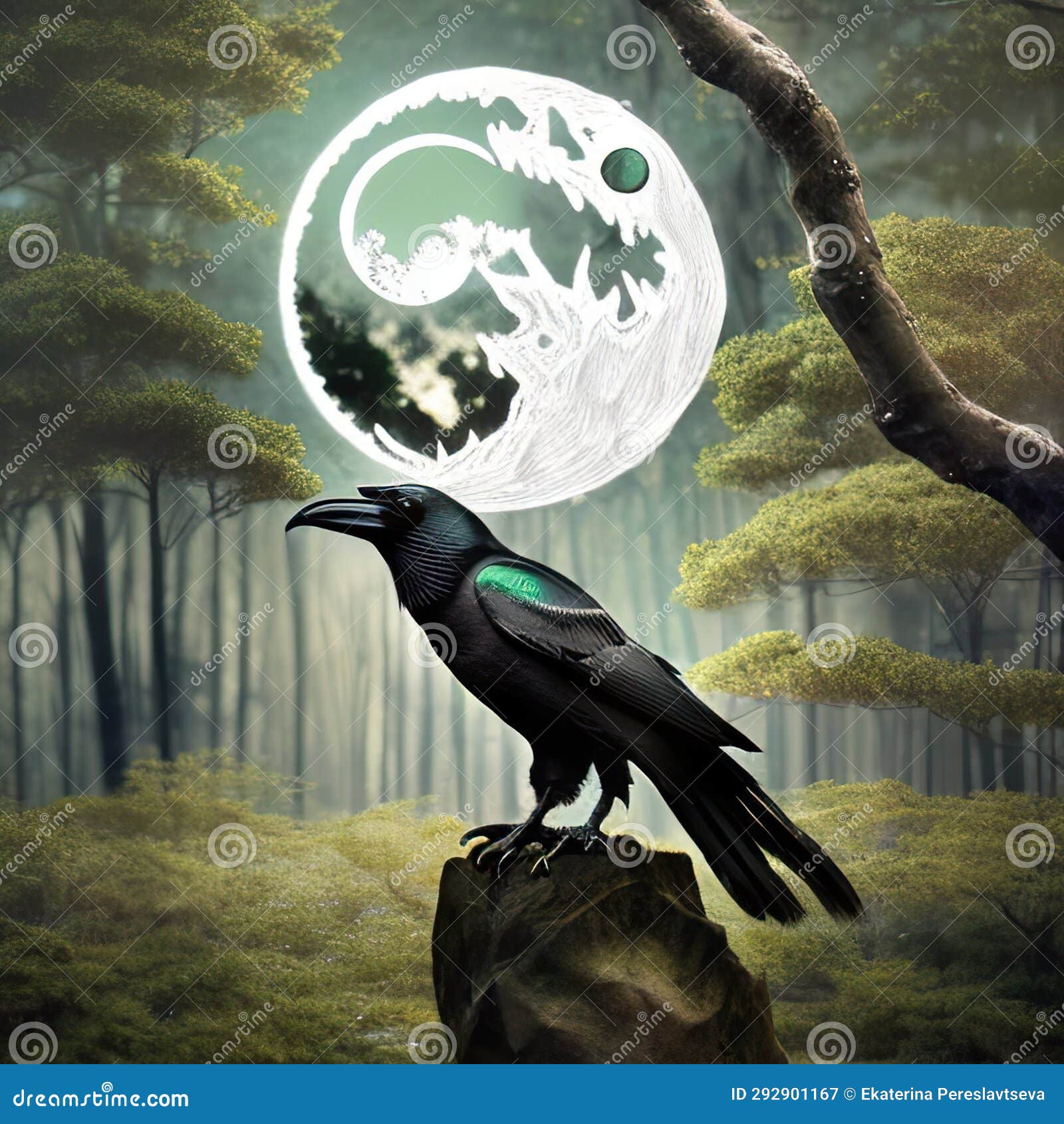 Creepy Black Crow Croaking in Misty Dark Forest on Full Moon Night ...