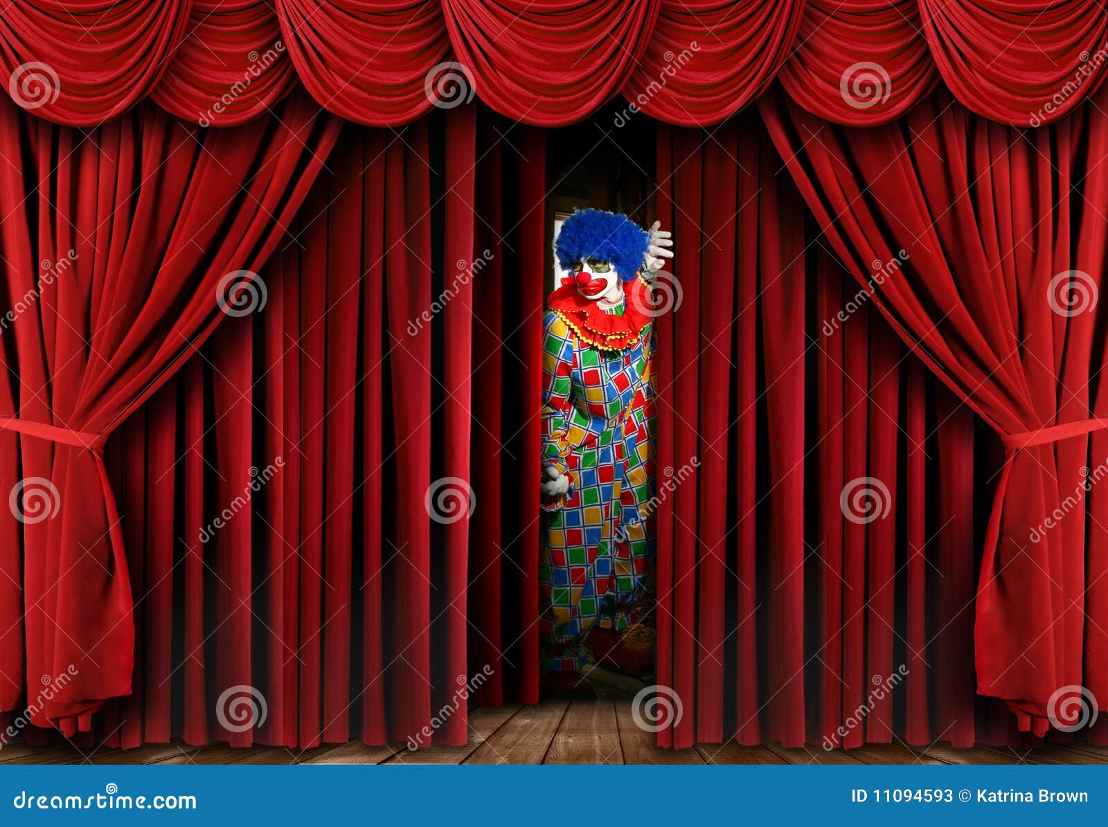 Creepy Clown Looking through Stage Curtain Drapes Stock Image - Image ...