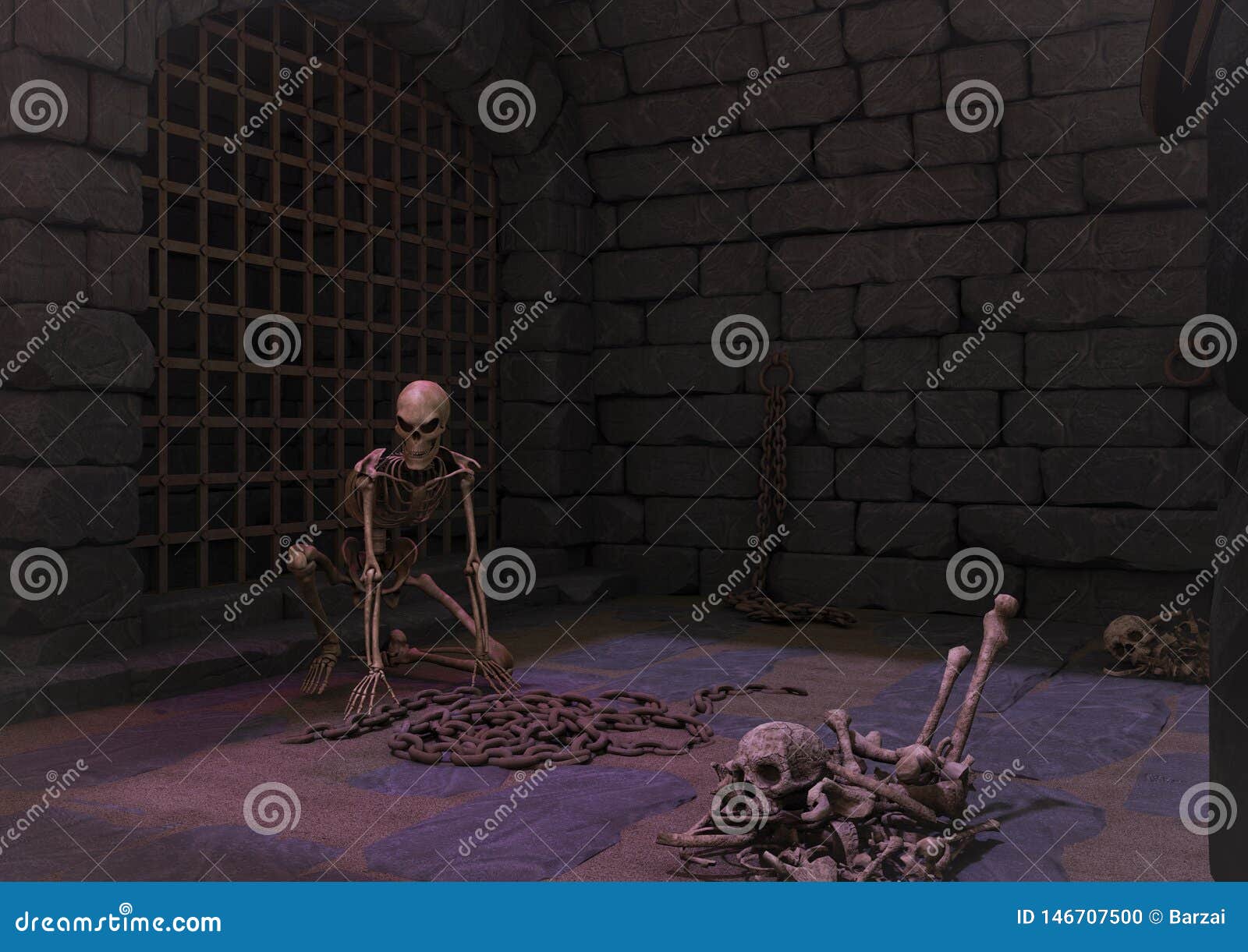 A Creepy Dungeon with a Threaten Skeleton. Stock Illustration ...