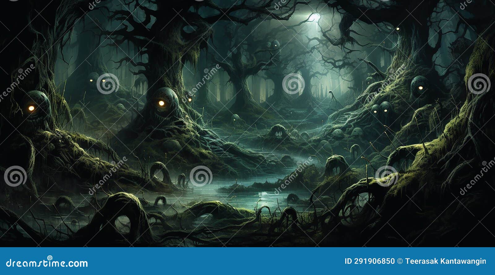 A Creepy Forest with Twisted Trees, Glowing Eyes, and Hidden Creatures ...