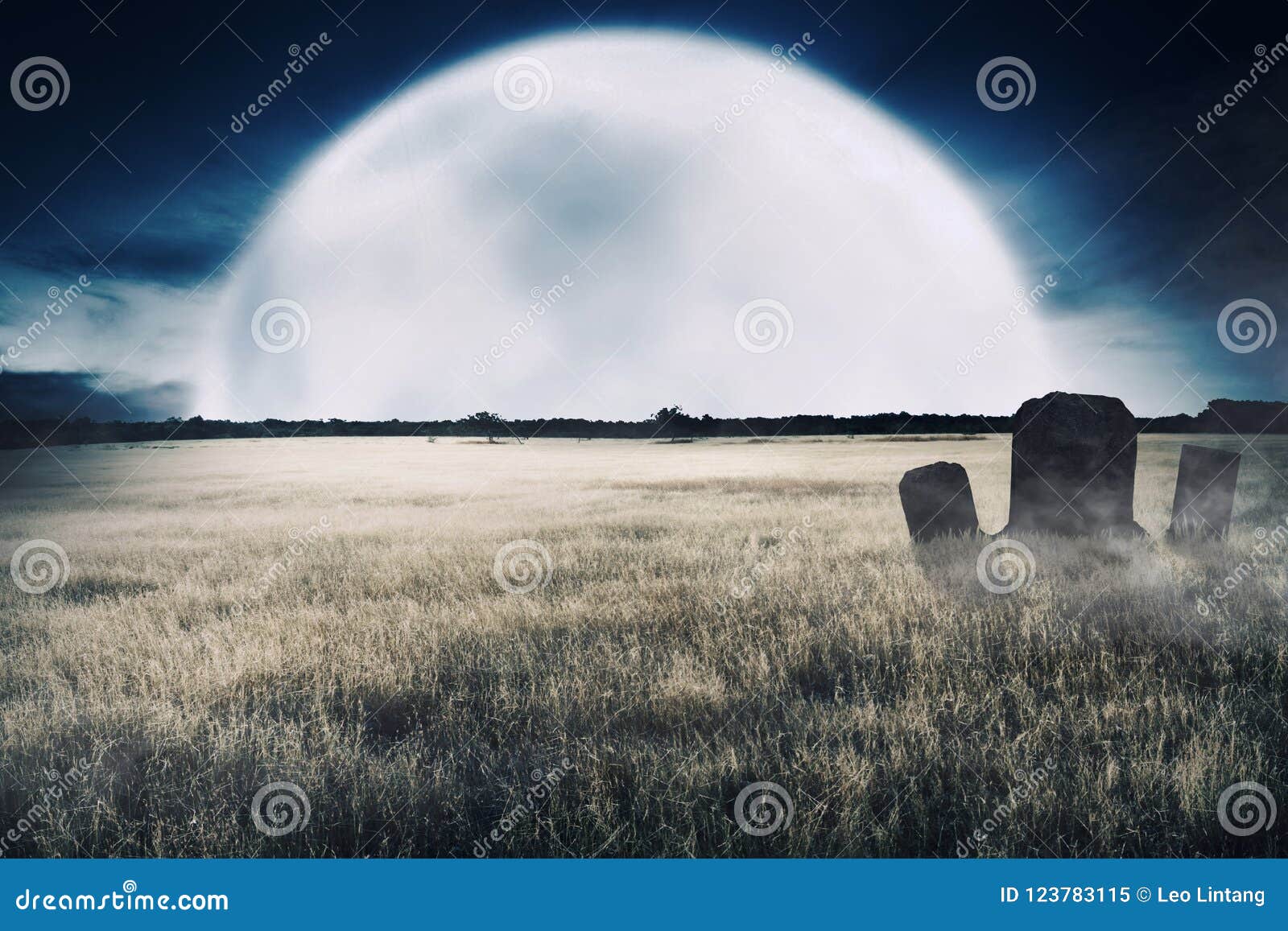 Creepy Grass Fields with Graves and Tombstone on the Midnight Stock ...