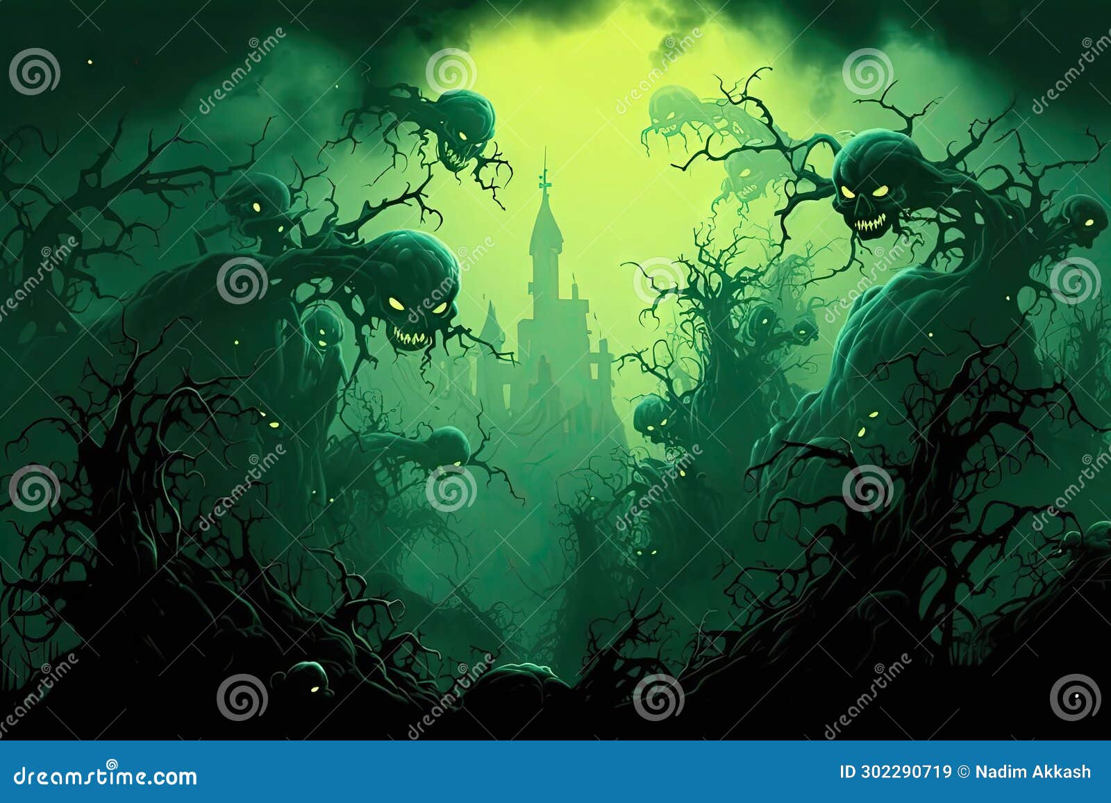 Creepy Green Halloween Background Stock Image - Image of evil, flames ...