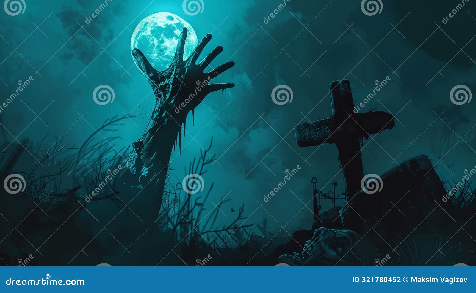 Creepy Hand Reaching for Full Moon in Graveyard - Generative AI Stock ...