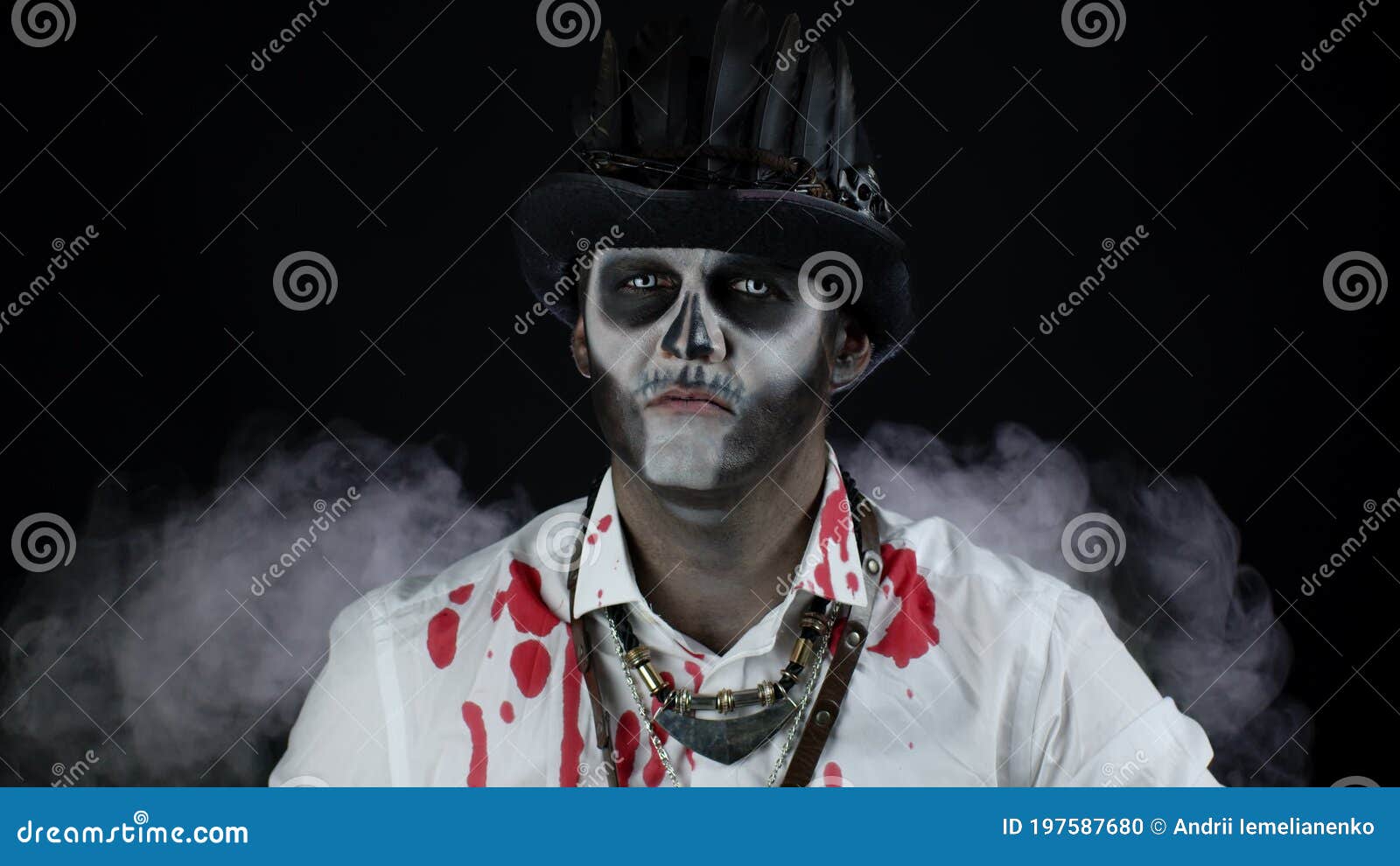 Creepy Man With Skeleton Makeup Guy Turning His Head And Looking At Camera Trying To Scare
