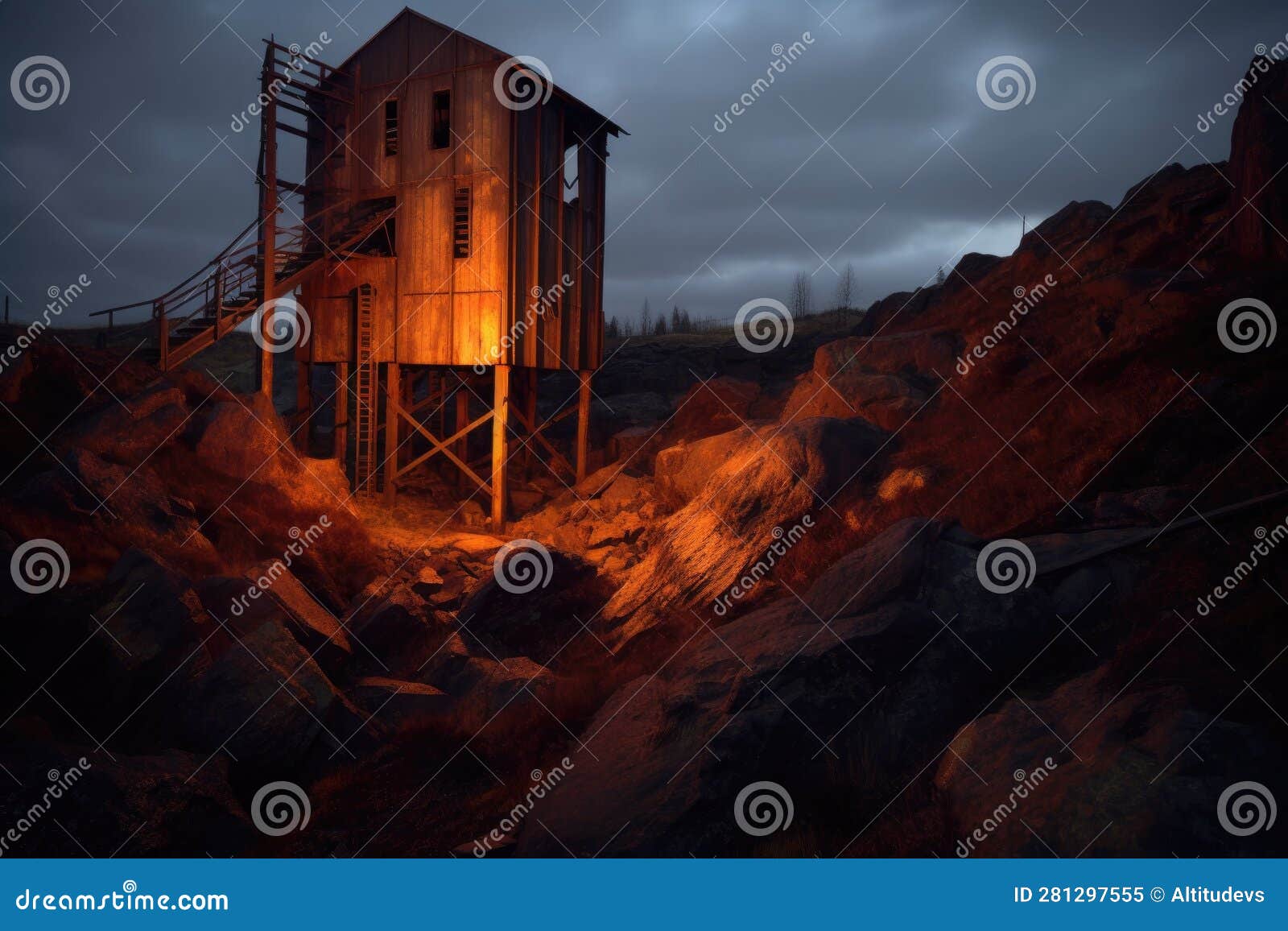 Creepy Mine Shaft Lit by Fading Sunlight Stock Illustration ...
