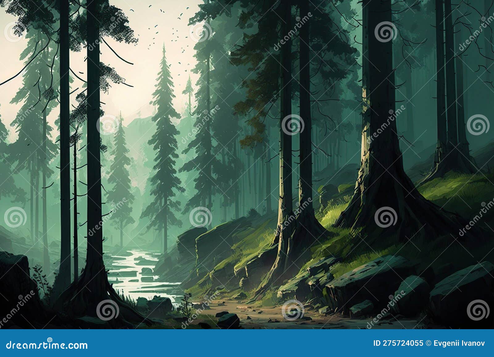 A Creepy Mystical Forest, the Rays of the Sun at Sunset Illuminate the ...