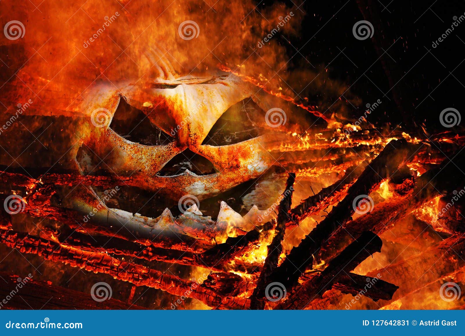 A Creepy Pumpkin Head in the Fire Stock Image - Image of burning ...