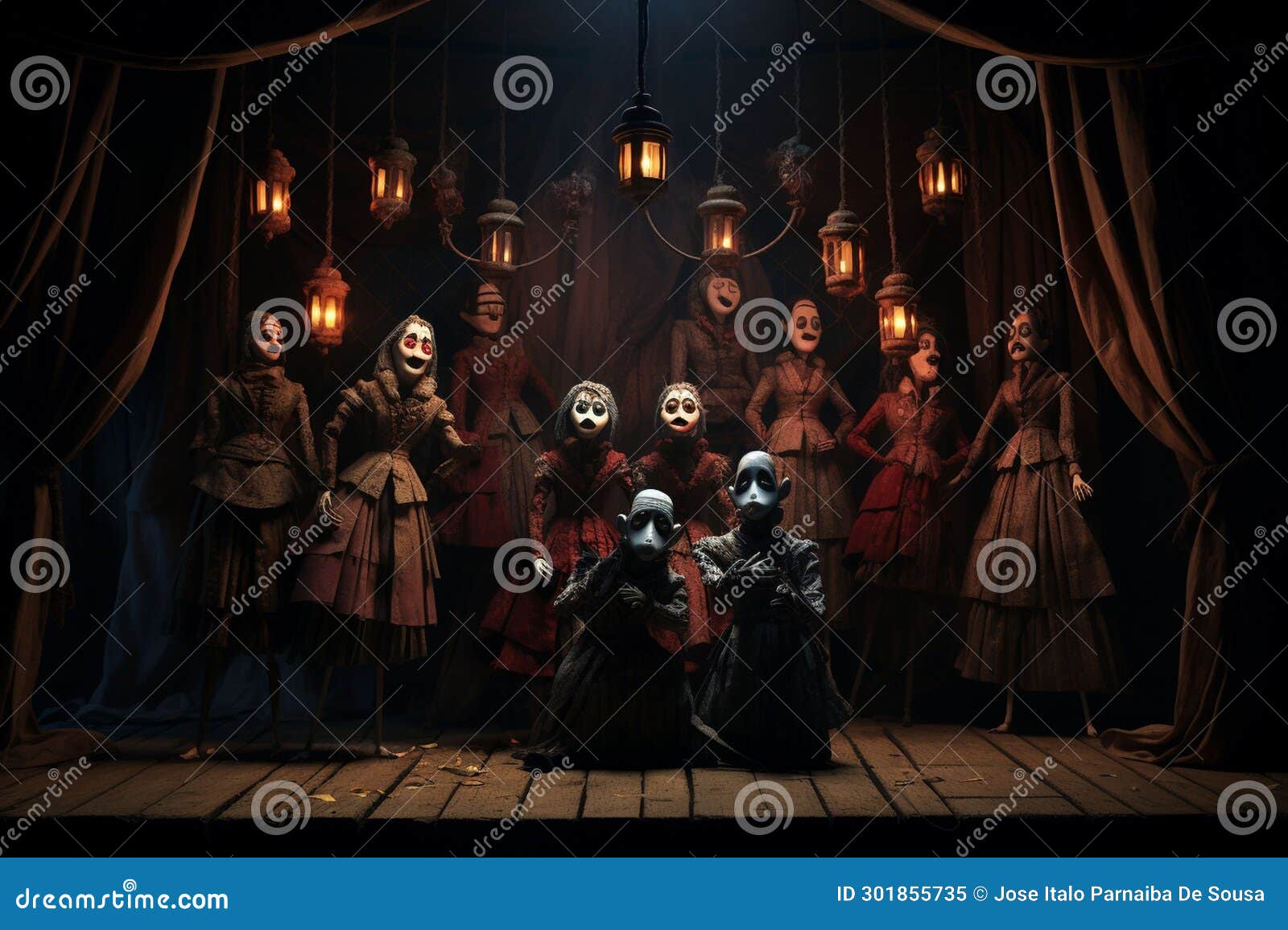 Creepy Puppet Theater Ghostly Puppets Performing Stock Illustration ...