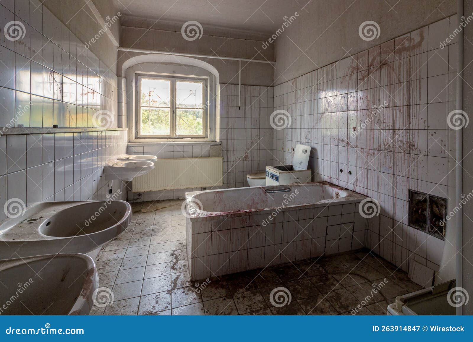 Creepy Scene in a Large White Bathroom with Blood Everywhere Stock ...