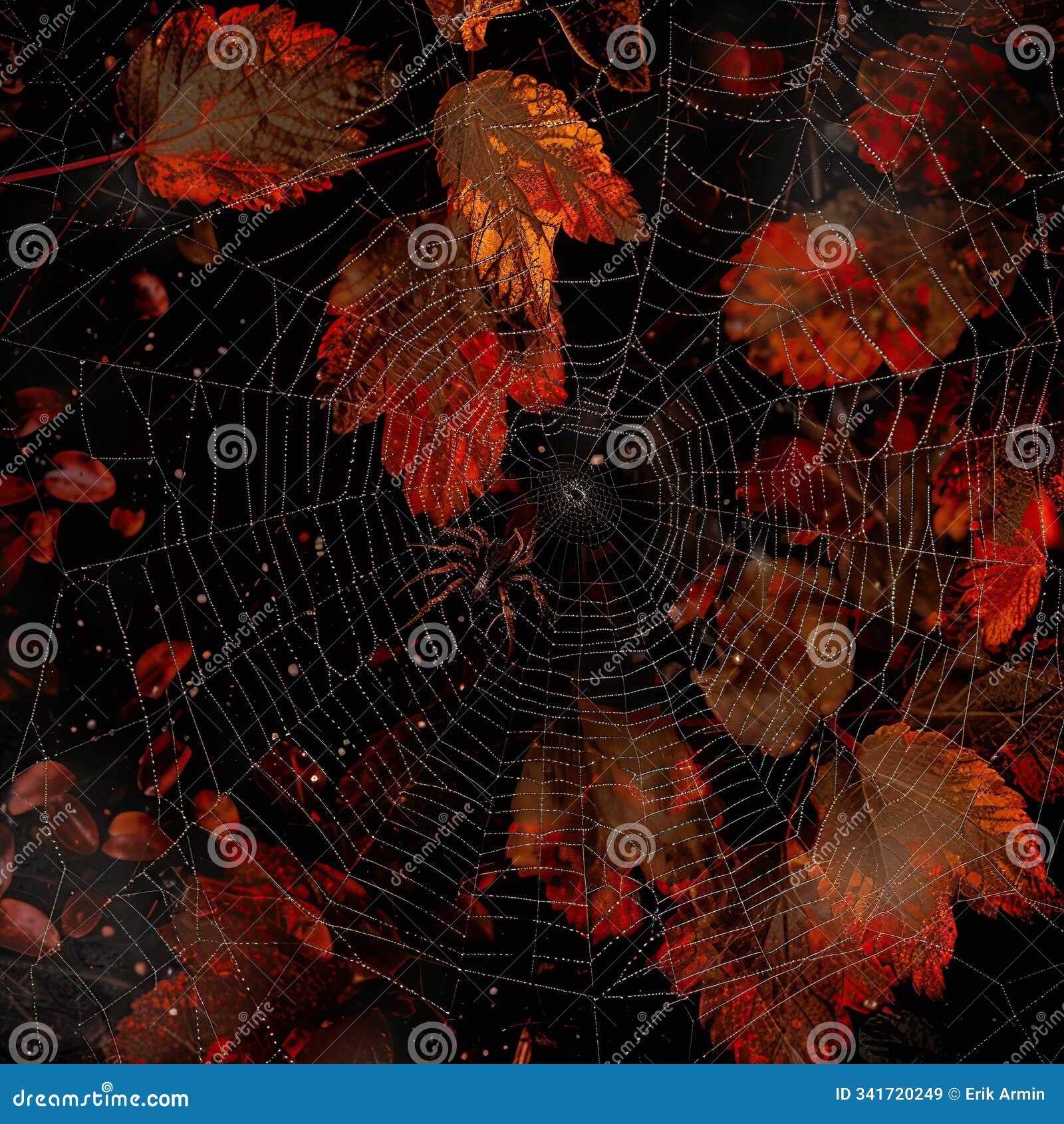 Creepy Spider Web and Fall Foliage Background for Halloween Stock ...