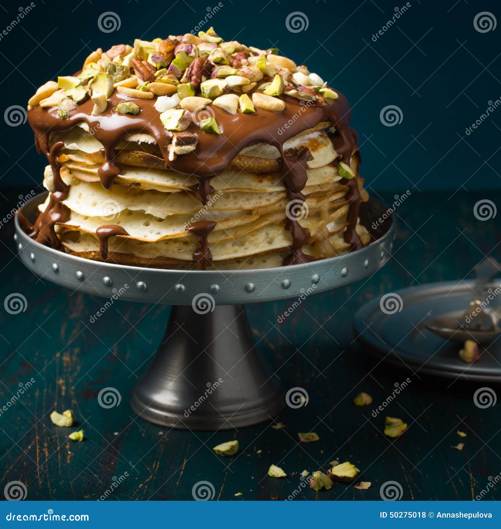 Crepe Cake with Chocolate and Nuts Stock Photo - Image of custard, cake ...