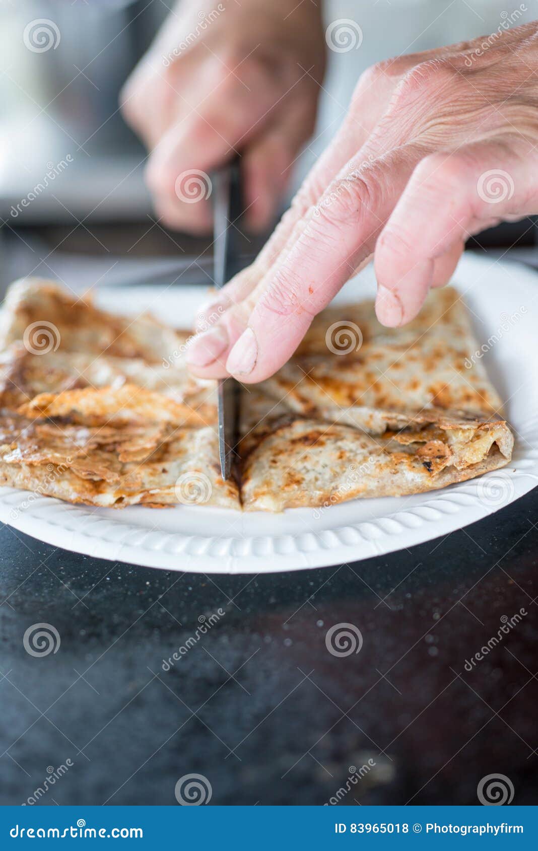 Crepe in Paper Plate Cut with a Knife Stock Photo - Image of dessert ...