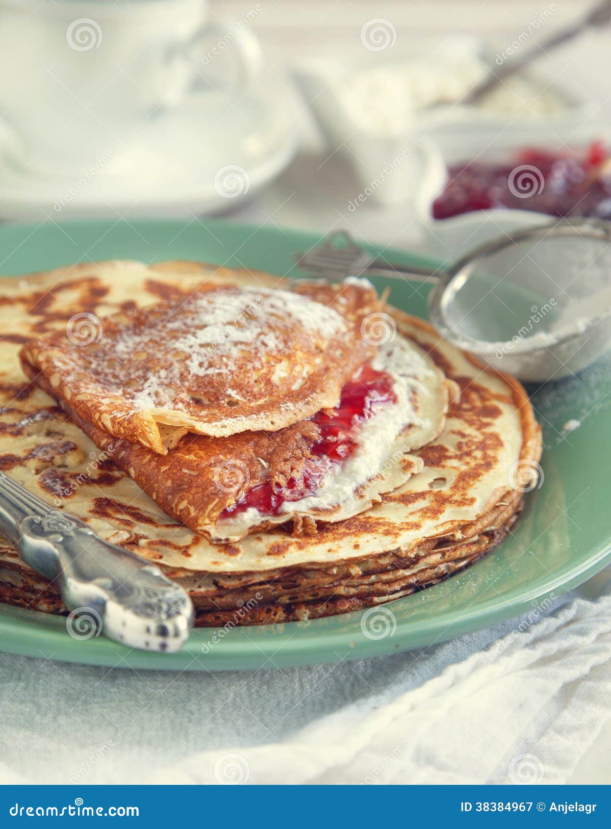 Crepes with Cream Cheese and Strawberry Jam. Stock Image - Image of ...