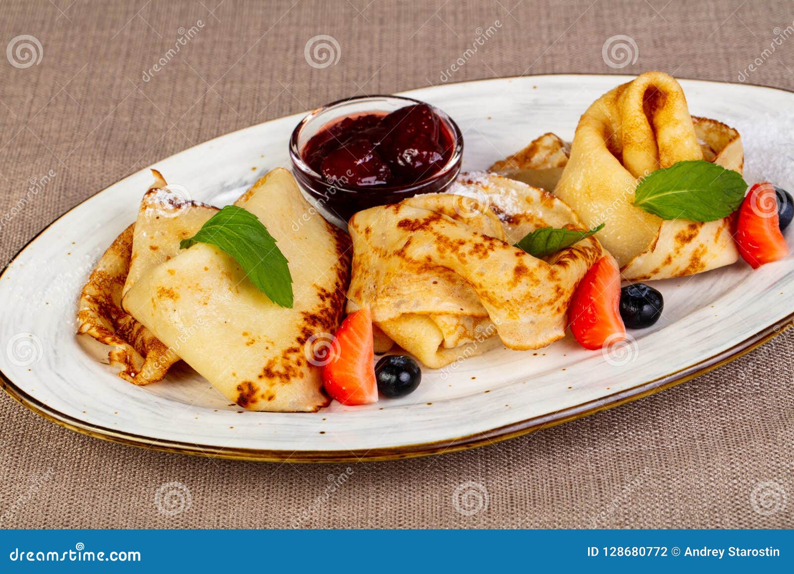 Crepes with jam stock photo. Image of pancake, sauce - 128680772