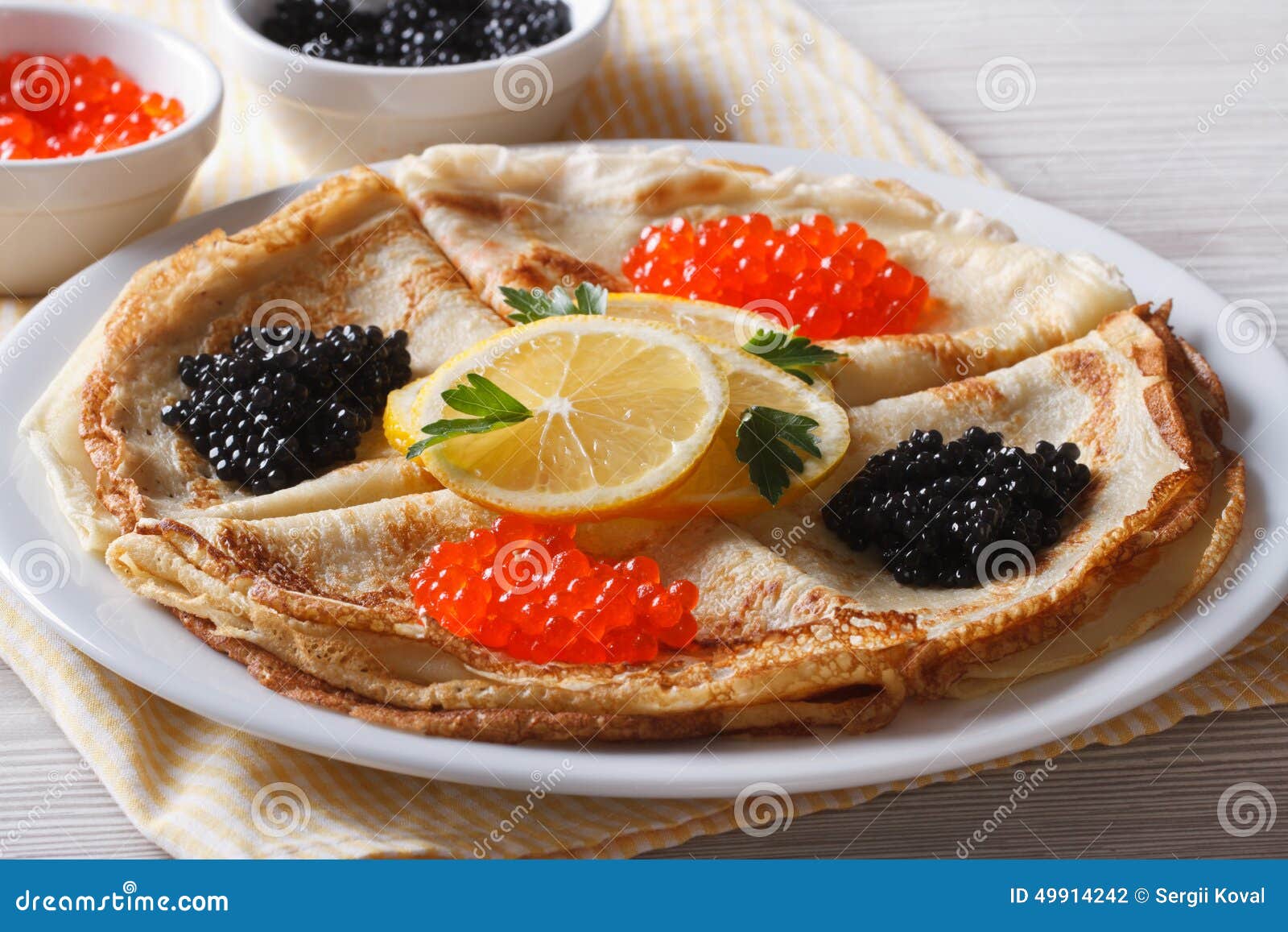 Crepes with Red and Black Caviar Close-up, Horizontal Stock Photo ...