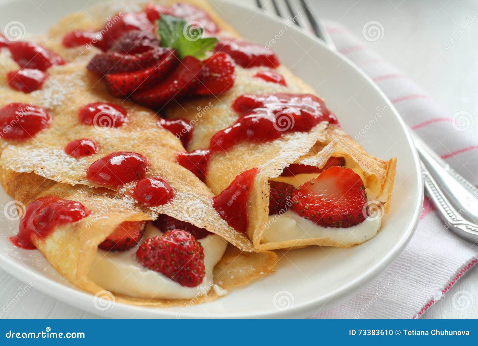 Crepes with Strawberry Jam and Cream Stock Photo - Image of calm ...