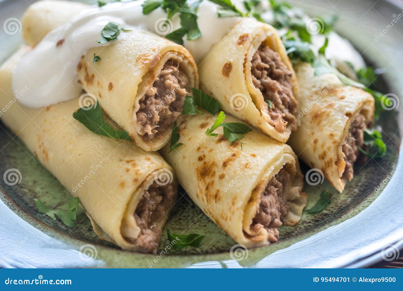 Crepes with tuna stock image. Image of roll, meat, minced - 95494701