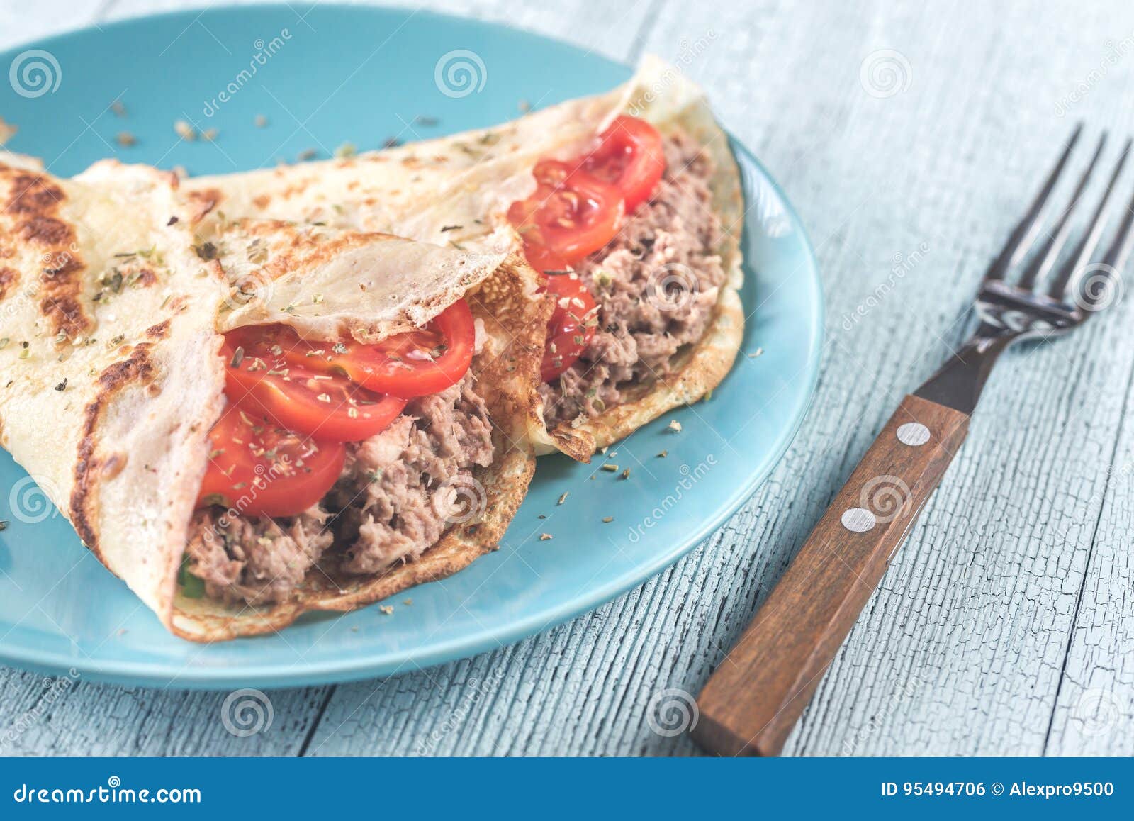 Crepes with tuna stock photo. Image of homemade, roll - 95494706