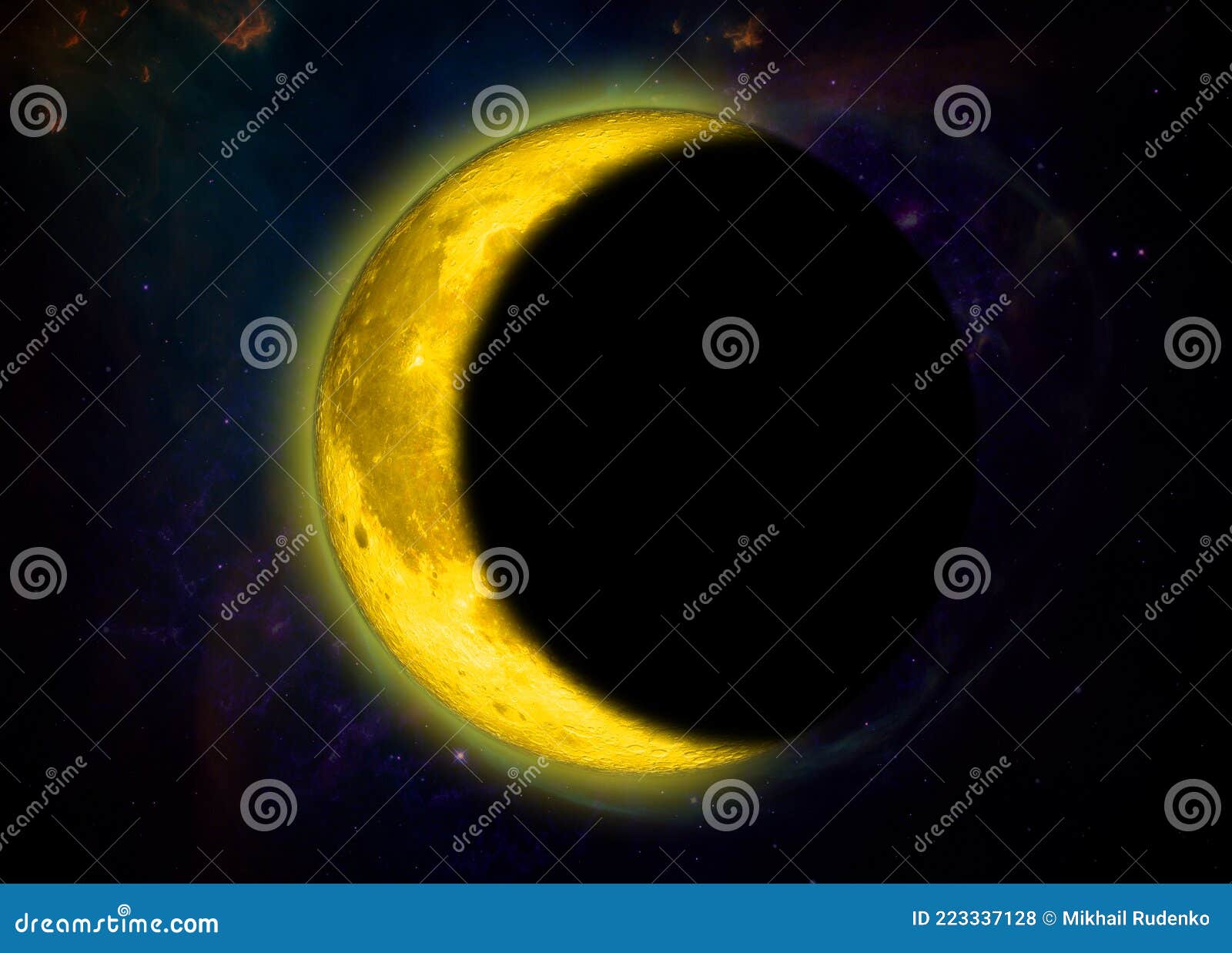Crescent or Half of the Yellow Moon Covered with Shadow in Space ...