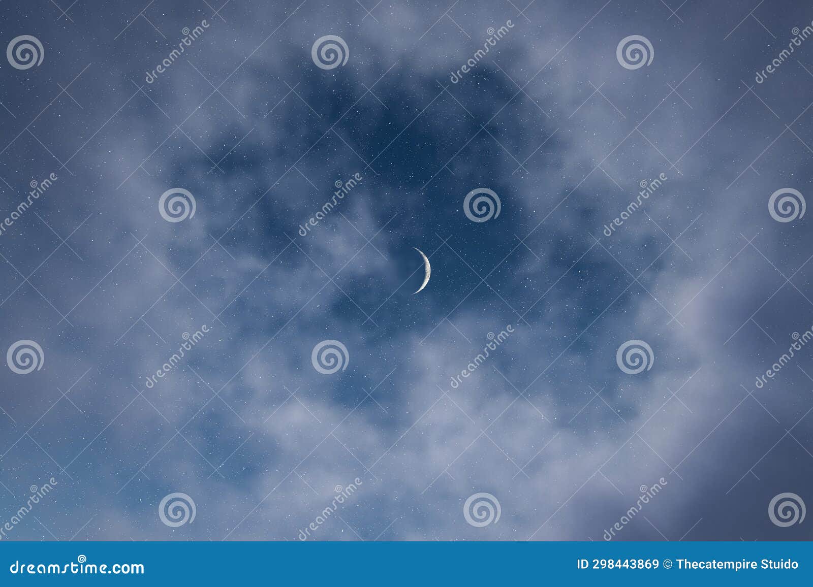 Crescent Moon in Blue Sky with White Clouds Stock Illustration ...