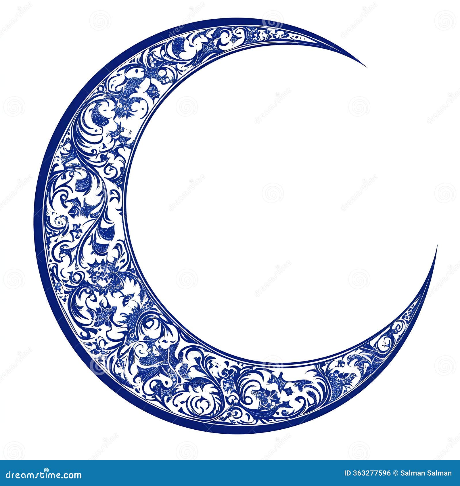 Crescent Moon Design Blue Floral Pattern Ornate Vintage Style ...