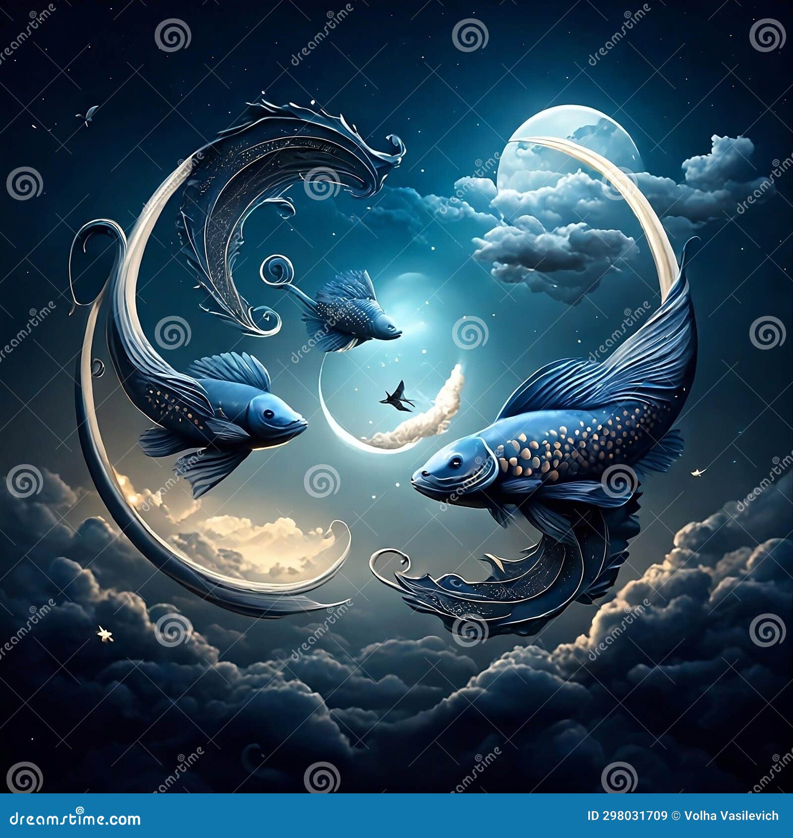 Crescent Moon and Fish in the Sky. Pisces Symbol Stock Illustration ...