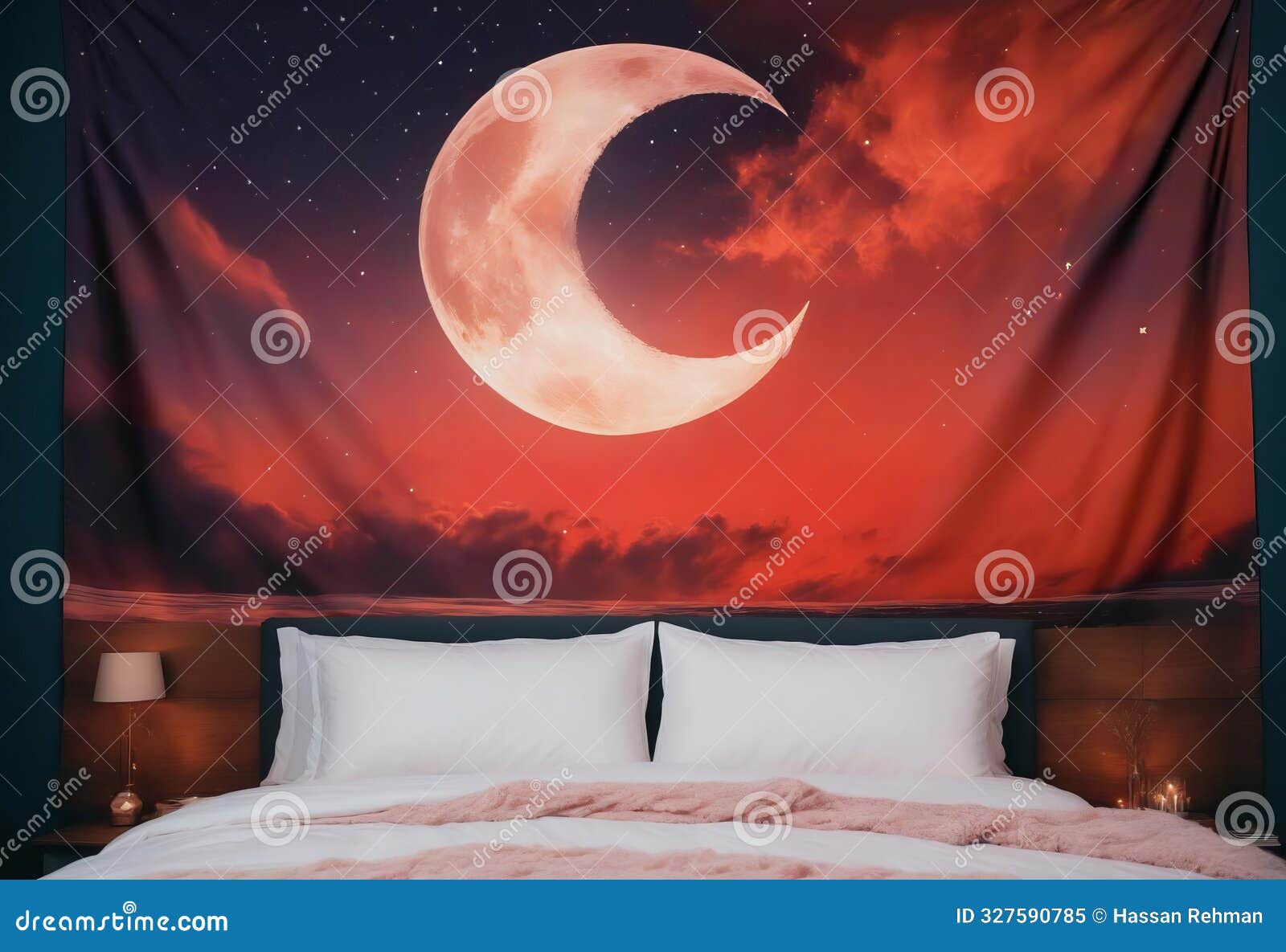 A Crescent Moon Floating Above a Sea of Red Clouds Stock Illustration ...