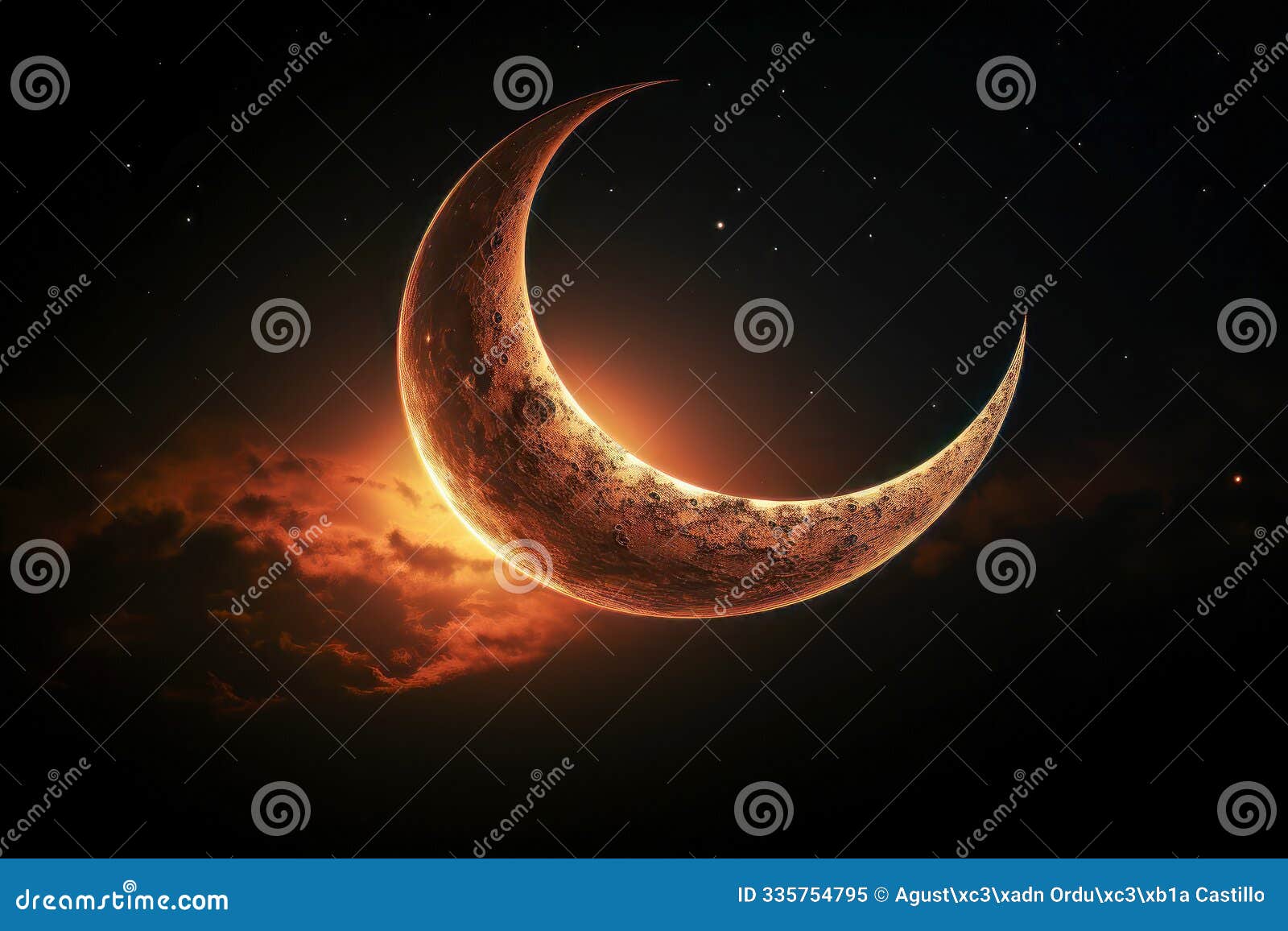Crescent Moon with Glowing Sun and Cosmic Particles Stock Image - Image ...