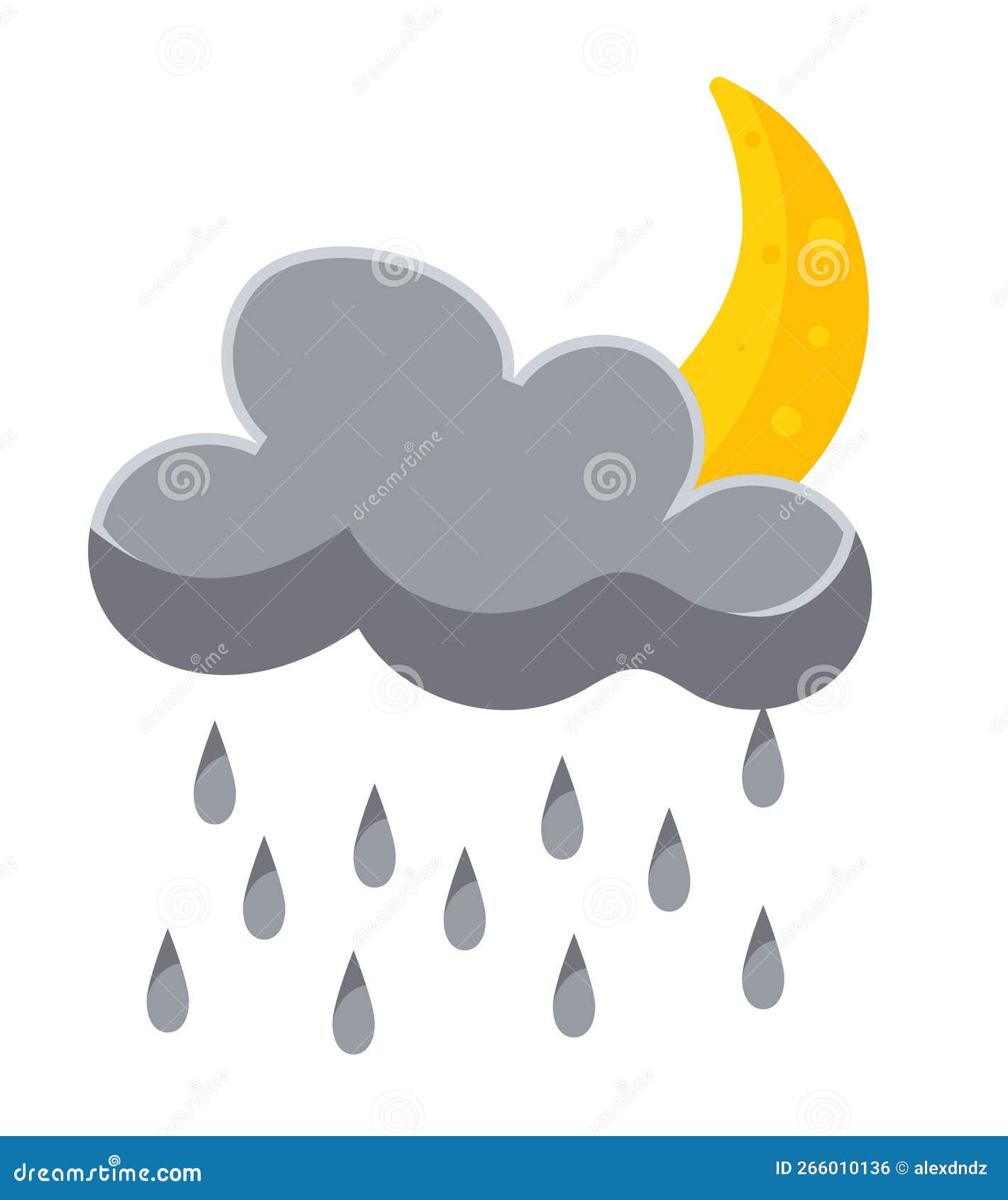 Crescent Moon, Grey Cloud and Falling Rain. Weather Forecast Element ...