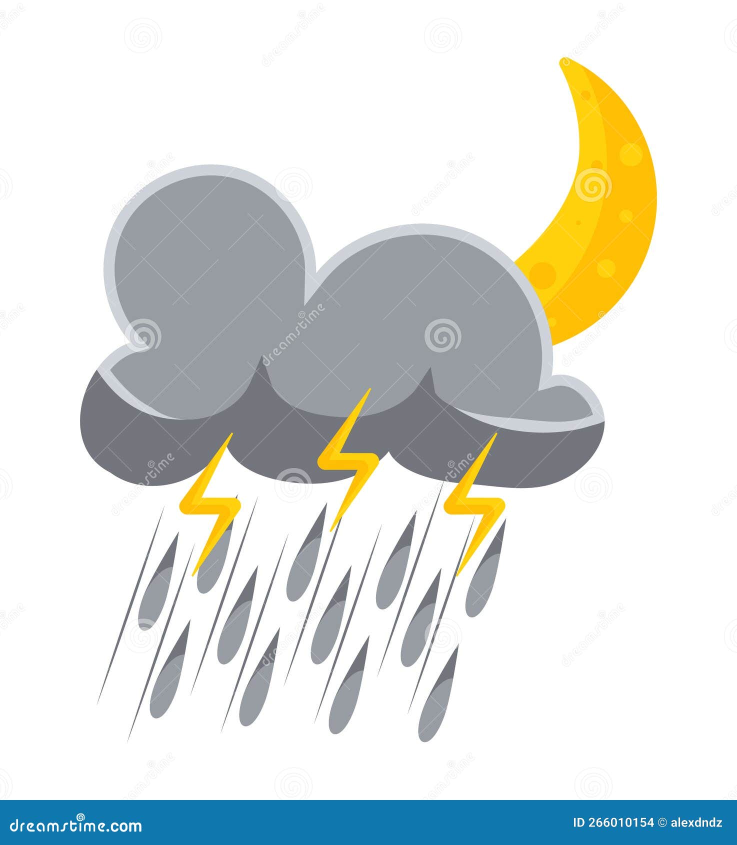 Crescent Moon, Grey Cloud, Rain and Lightning. Weather Forecast Element ...