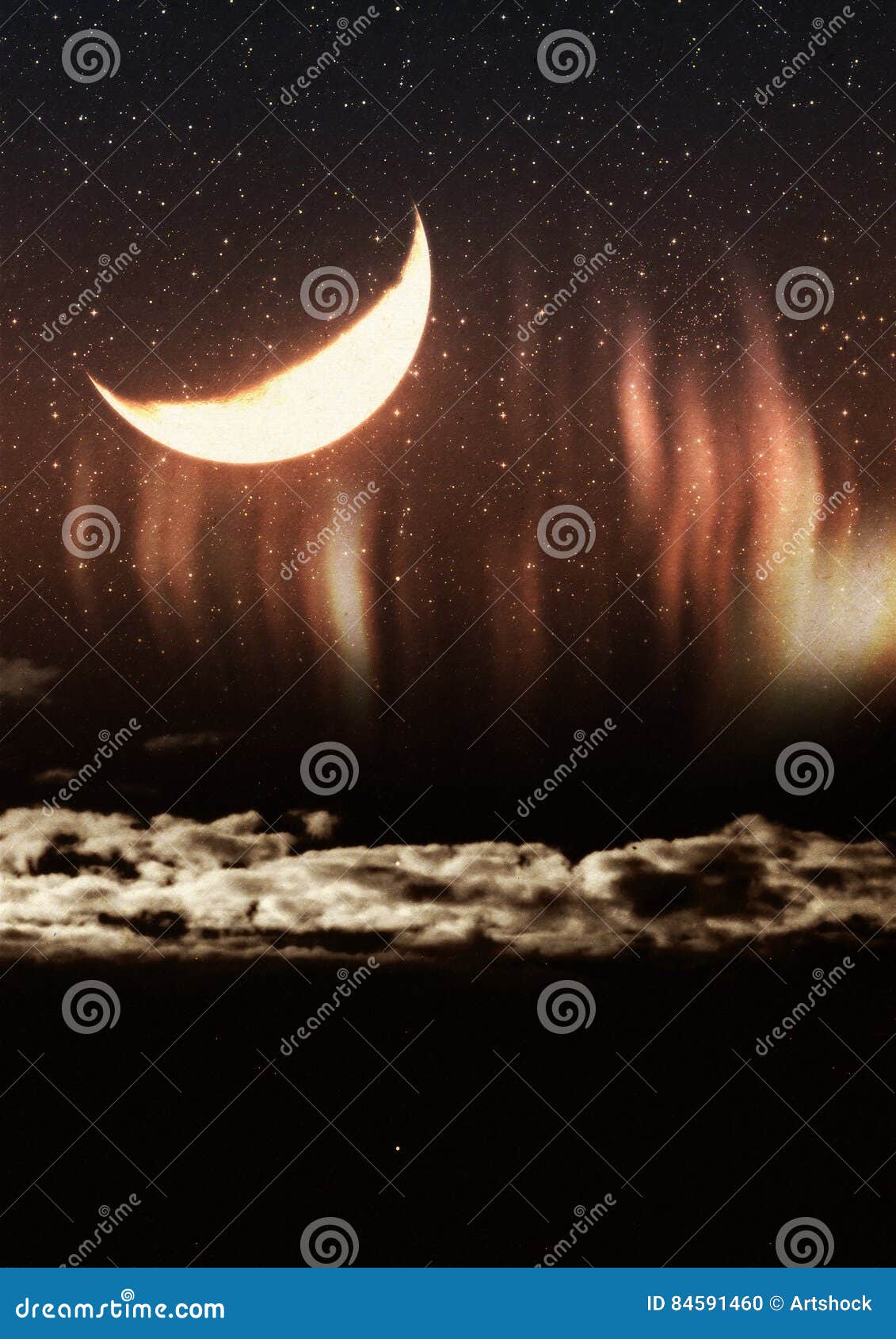 Crescent Moon and Grunge Clouds Stock Illustration - Illustration of ...