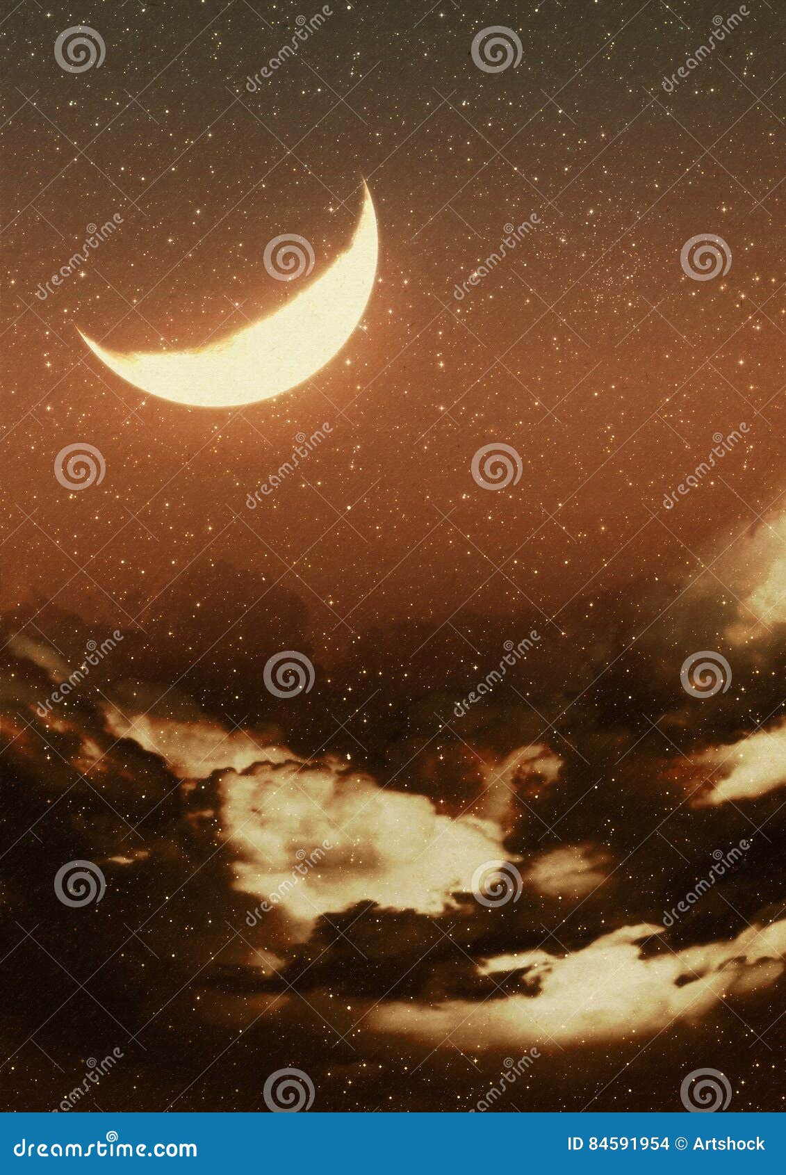 Crescent Moon and Grunge Clouds Stock Illustration - Illustration of ...