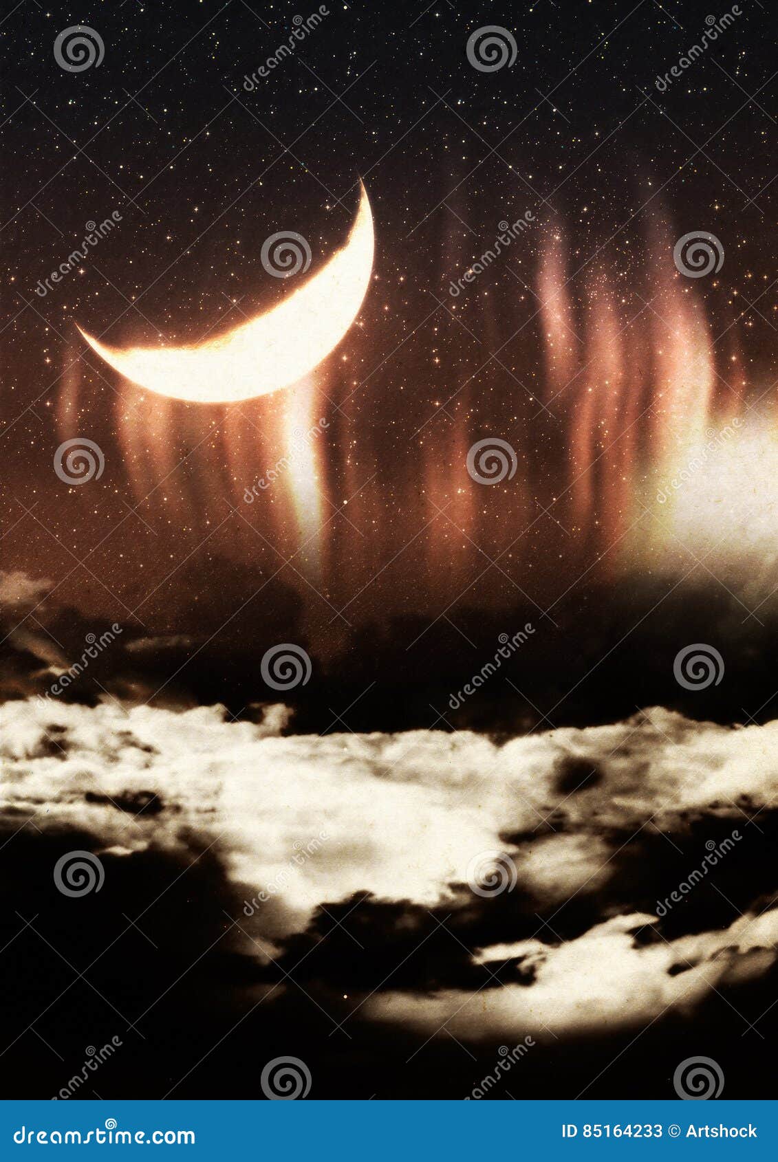 Crescent Moon and Grunge Clouds Stock Illustration - Illustration of ...