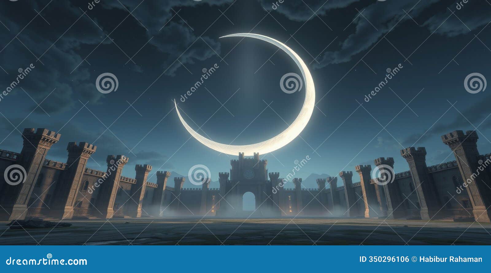 A Crescent Moon Hangs Over a Castle Gate Stock Illustration ...