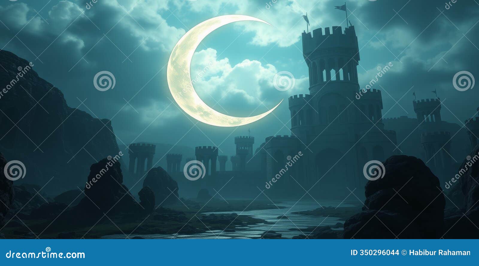 A Crescent Moon Hangs Over a Mysterious Castle Stock Illustration ...