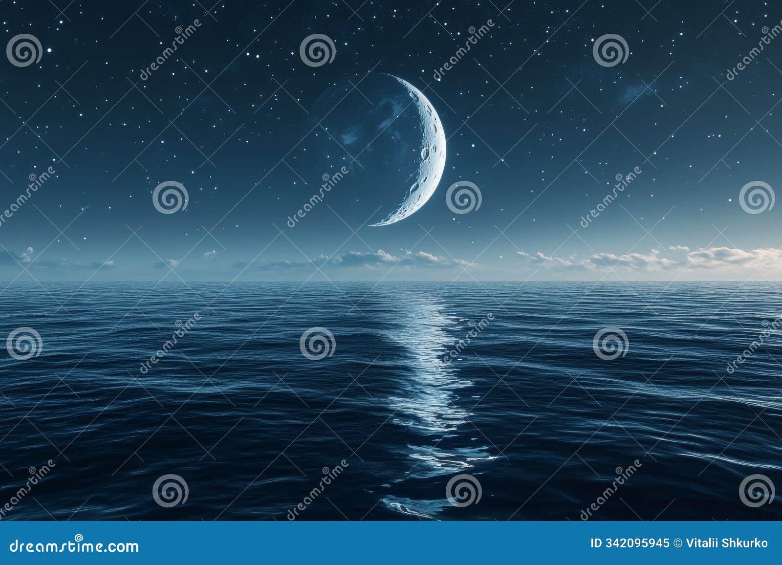 The Crescent Moon Illuminates the Ocean Surface, Creating a Tranquil ...