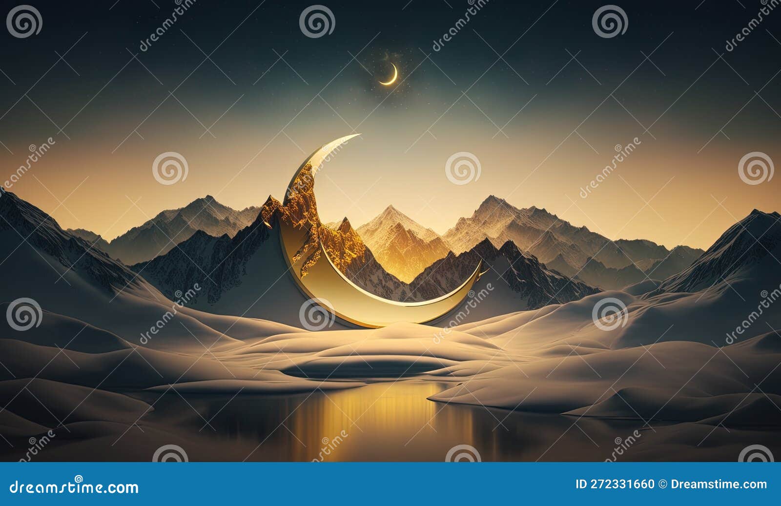 A Crescent Moon is in the Middle of a Mountain Landscape Stock ...