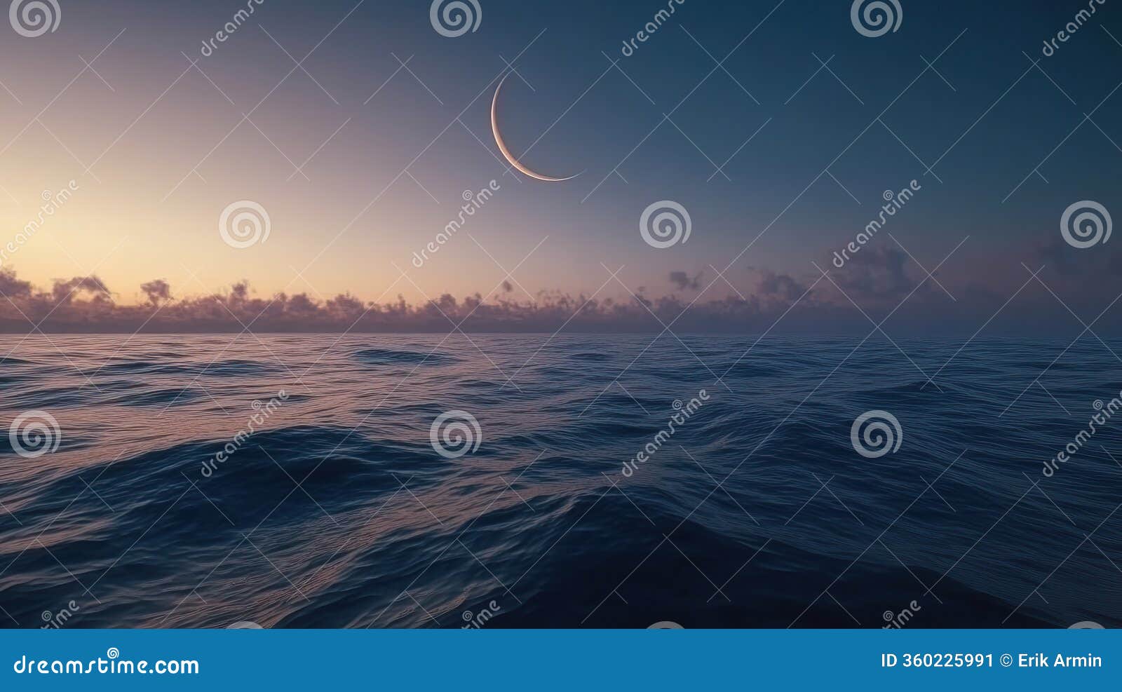 Crescent Moon Over Calm Ocean Sunset; Digital Art Stock Image - Image ...