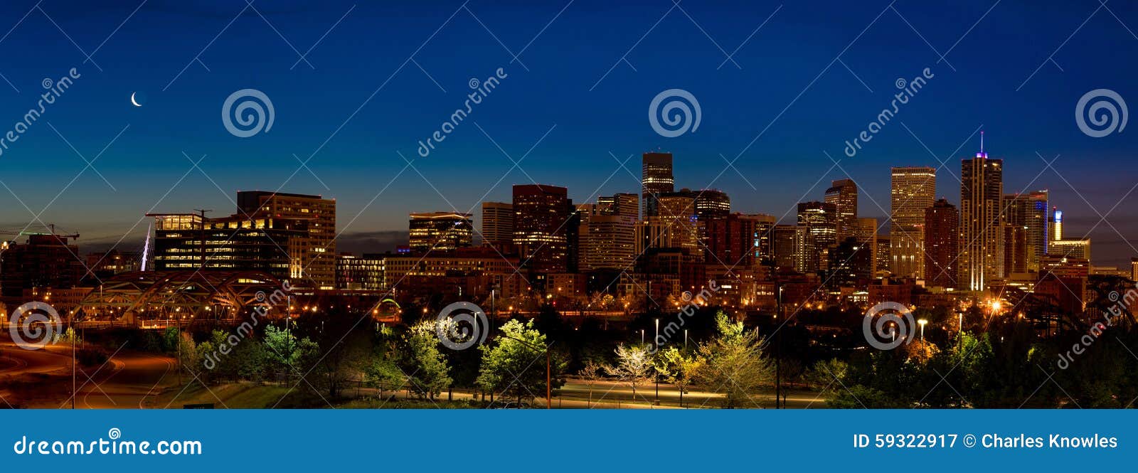Crescent Moon Over the Denver Slyline Stock Image - Image of lights ...