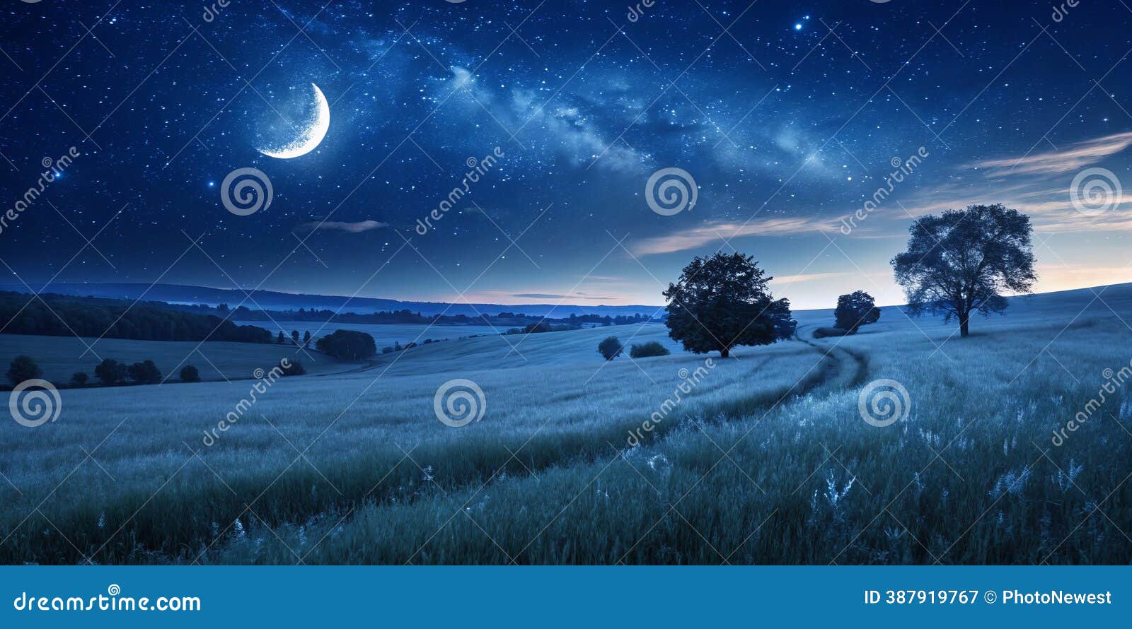 Moon Nightscape Landscape Green Theme Summer Nature Silhouette Scene ...