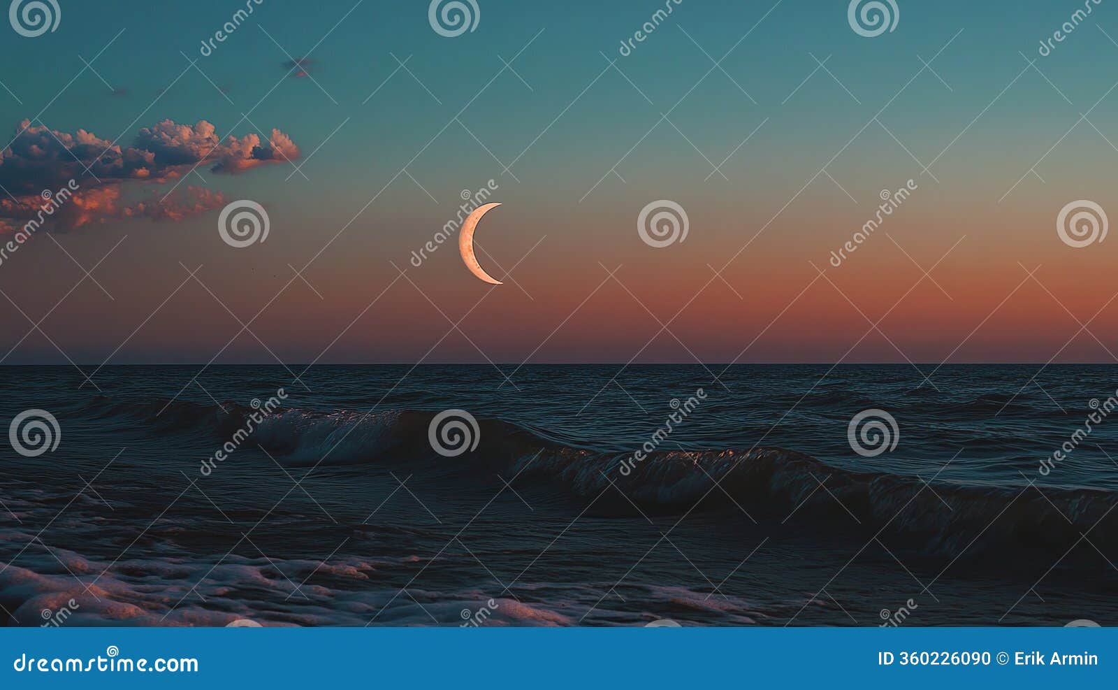 Crescent Moon Over Ocean Waves at Sunset, Peaceful Coastal Scene Stock ...