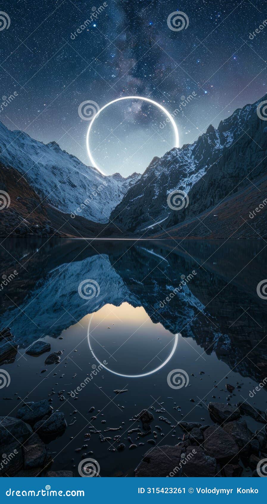 Crescent Moon Over Snowy Mountain Reflected in Serene Lake at Night ...