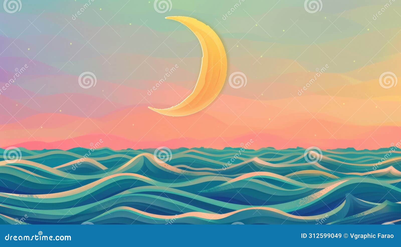 Crescent Moon Over Stylized Ocean Waves at Dusk Stock Image - Image of ...