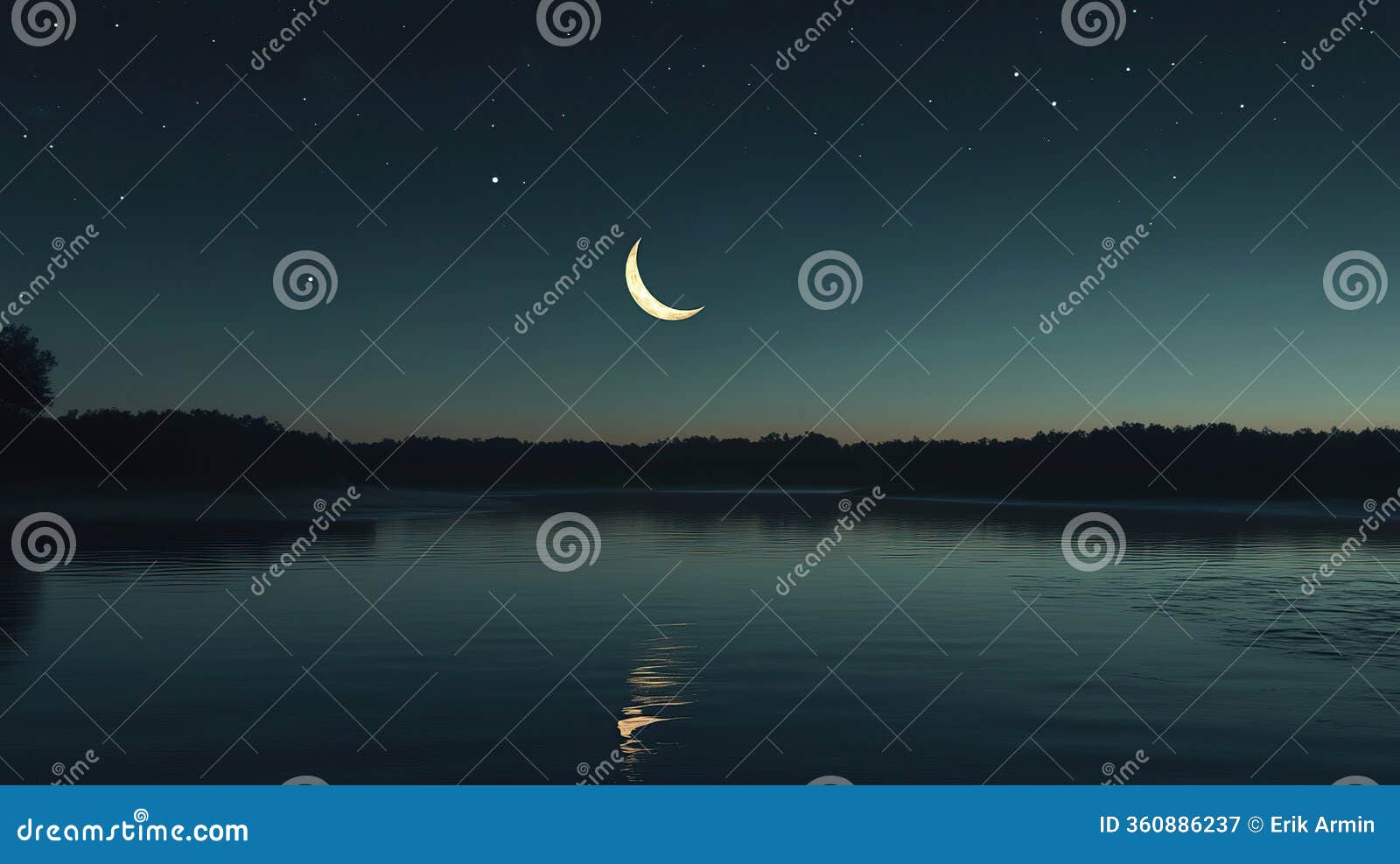 Crescent Moon Over Tranquil Lake at Night, Stars Stock Image - Image of ...