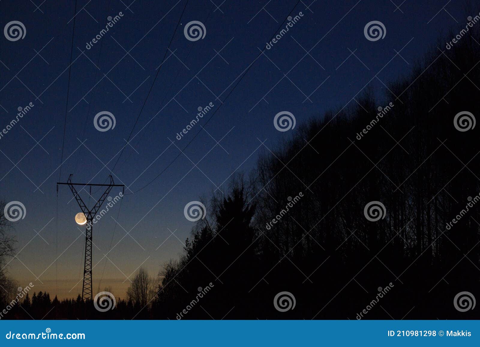 Crescent Moon and Power Line Stock Photo - Image of space, line: 210981298